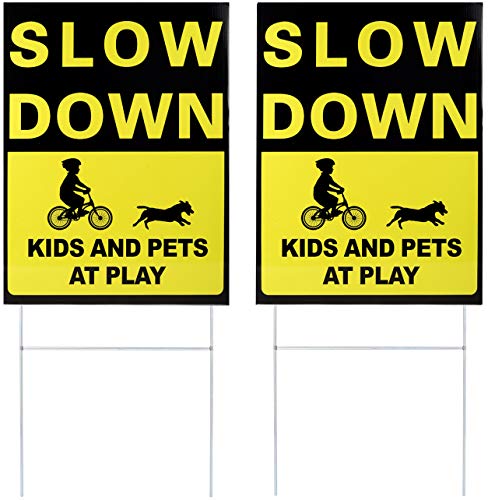 Kichwit 2 Pack Double Sided Slow Down Kids and Pets at Play Yard Signs with Metal Stakes, Sign Measures 11.8 x 15.7 Inches