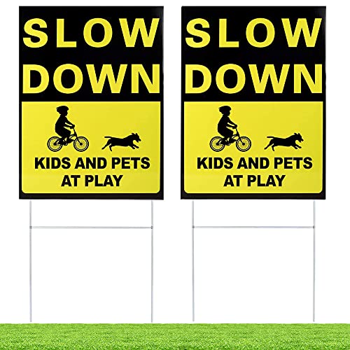 Kichwit 2 Pack Double Sided Slow Down Kids and Pets at Play Yard Signs with Metal Stakes, Sign Measures 11.8 x 15.7 Inches