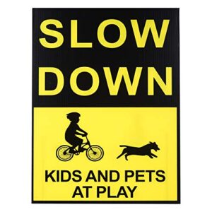 Kichwit 2 Pack Double Sided Slow Down Kids and Pets at Play Yard Signs with Metal Stakes, Sign Measures 11.8 x 15.7 Inches