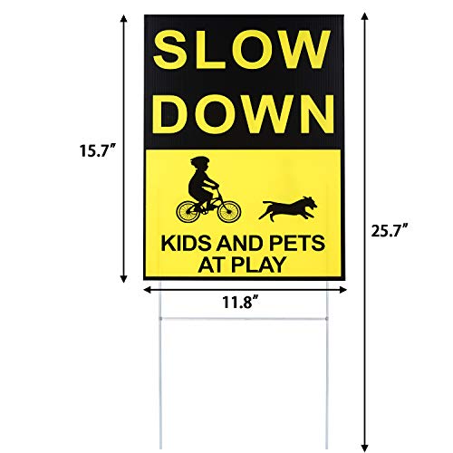 Kichwit 2 Pack Double Sided Slow Down Kids and Pets at Play Yard Signs with Metal Stakes, Sign Measures 11.8 x 15.7 Inches