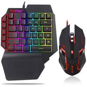 one hand rgb gaming keyboard and backlit mouse combo,usb wired rainbow letters glow single hand mechanical feeling keyboard with wrist rest support, gaming keyboard set for game