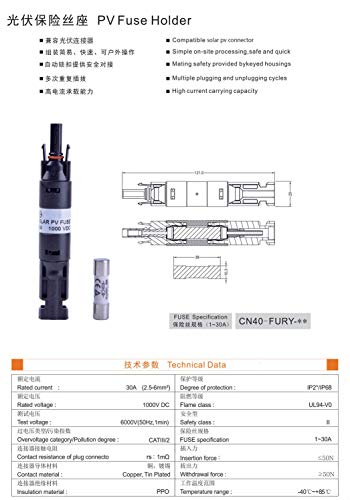 Witproton Solar PV Fuse Connector IP68 Waterproof 1000V In-line Fuse Holder, for Solar Panel and Inverter in Photovoltaic System, Male Female with 1 Fuse (20Amp Fuse Connector)