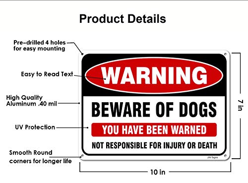 JW Signs Beware of Dog Sign (2 Pack) 10”x7” Reflective Metal Signs 0.40 Aluminum Sign Pre-Drilled Holes For Easy Mounting Indoor or Outdoor Use for Fence Door or Gate