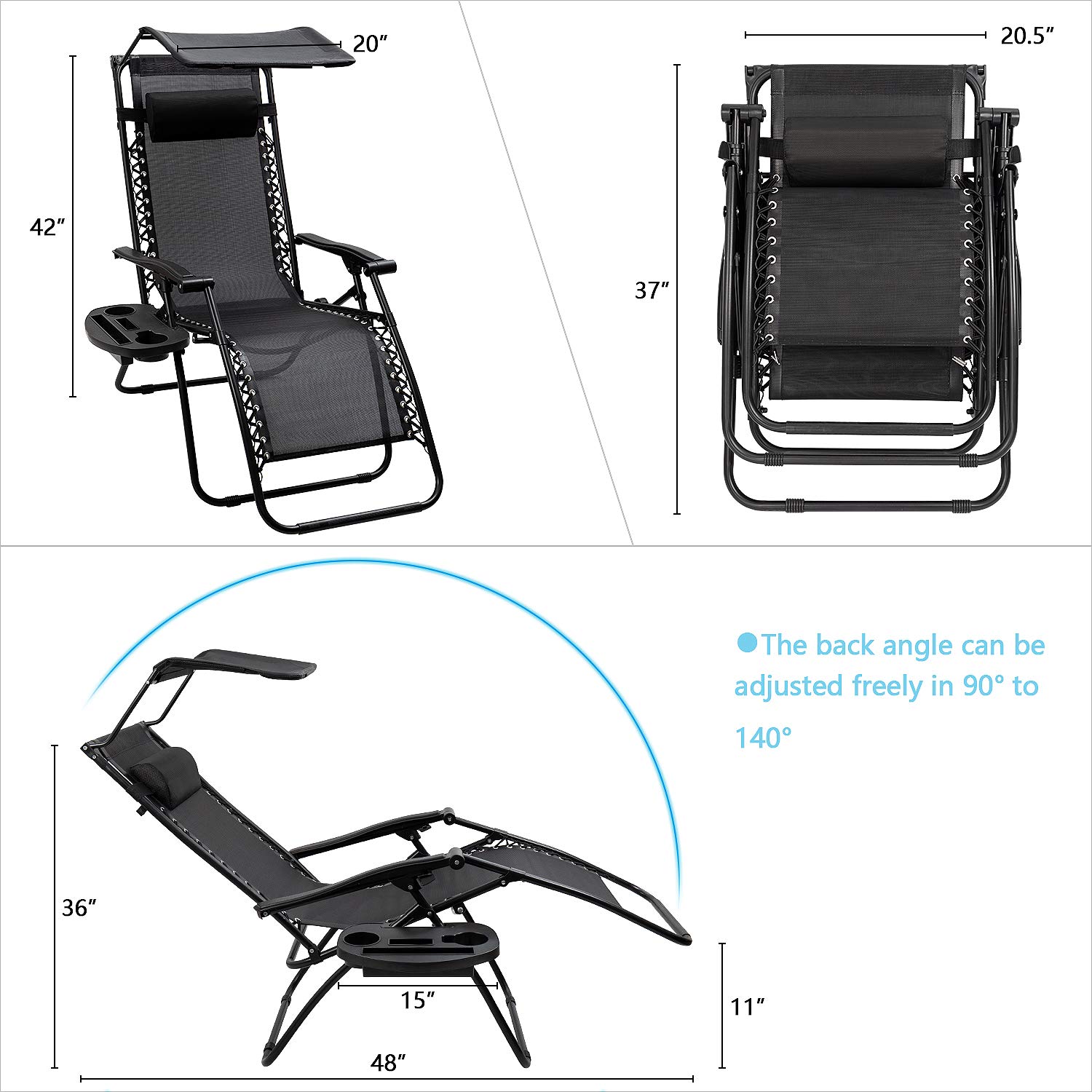 Devoko Patio Zero Gravity Chair Outdoor Recliner Lounge Chair with W/Folding Canopy Shade and Cup Holder (Black)