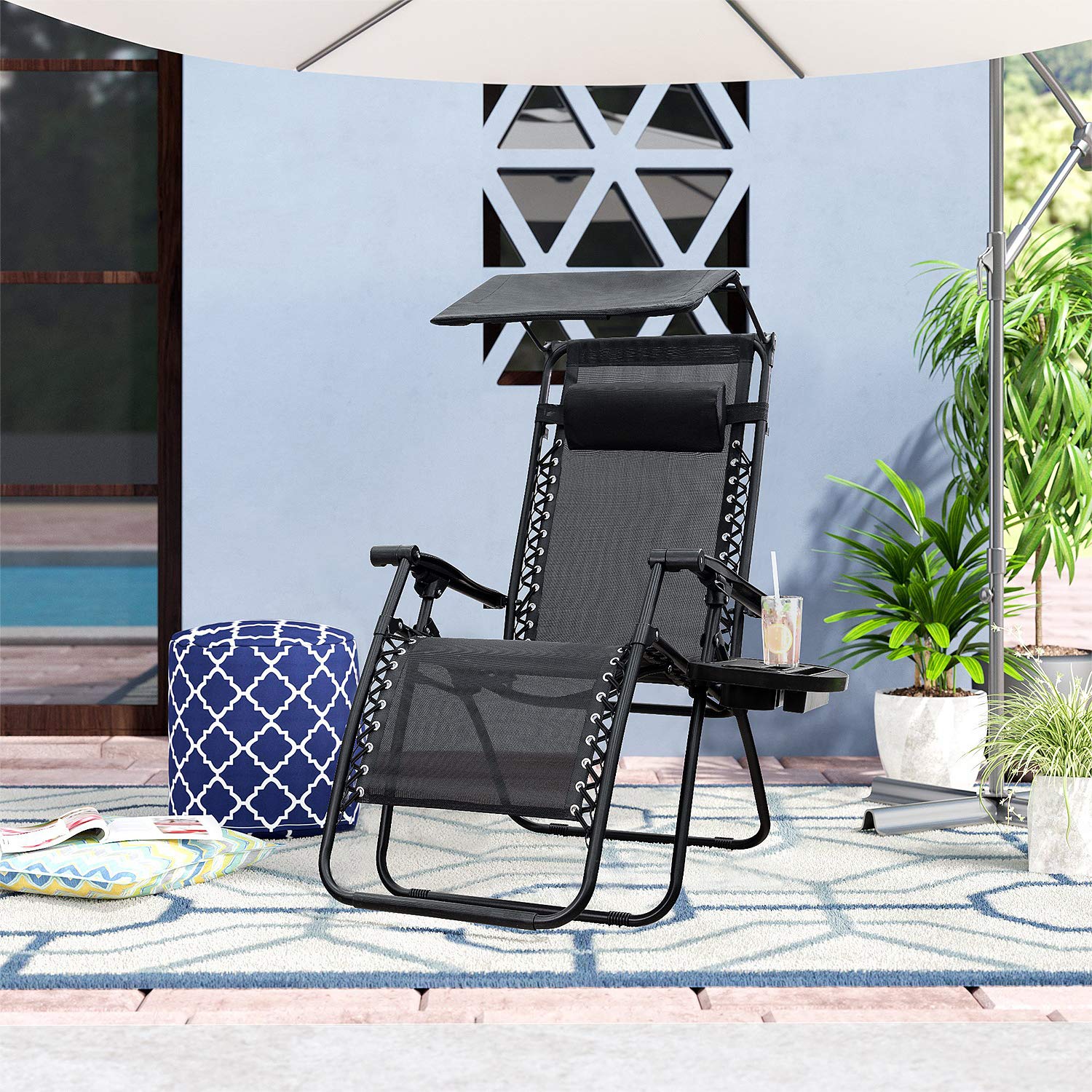 Devoko Patio Zero Gravity Chair Outdoor Recliner Lounge Chair with W/Folding Canopy Shade and Cup Holder (Black)