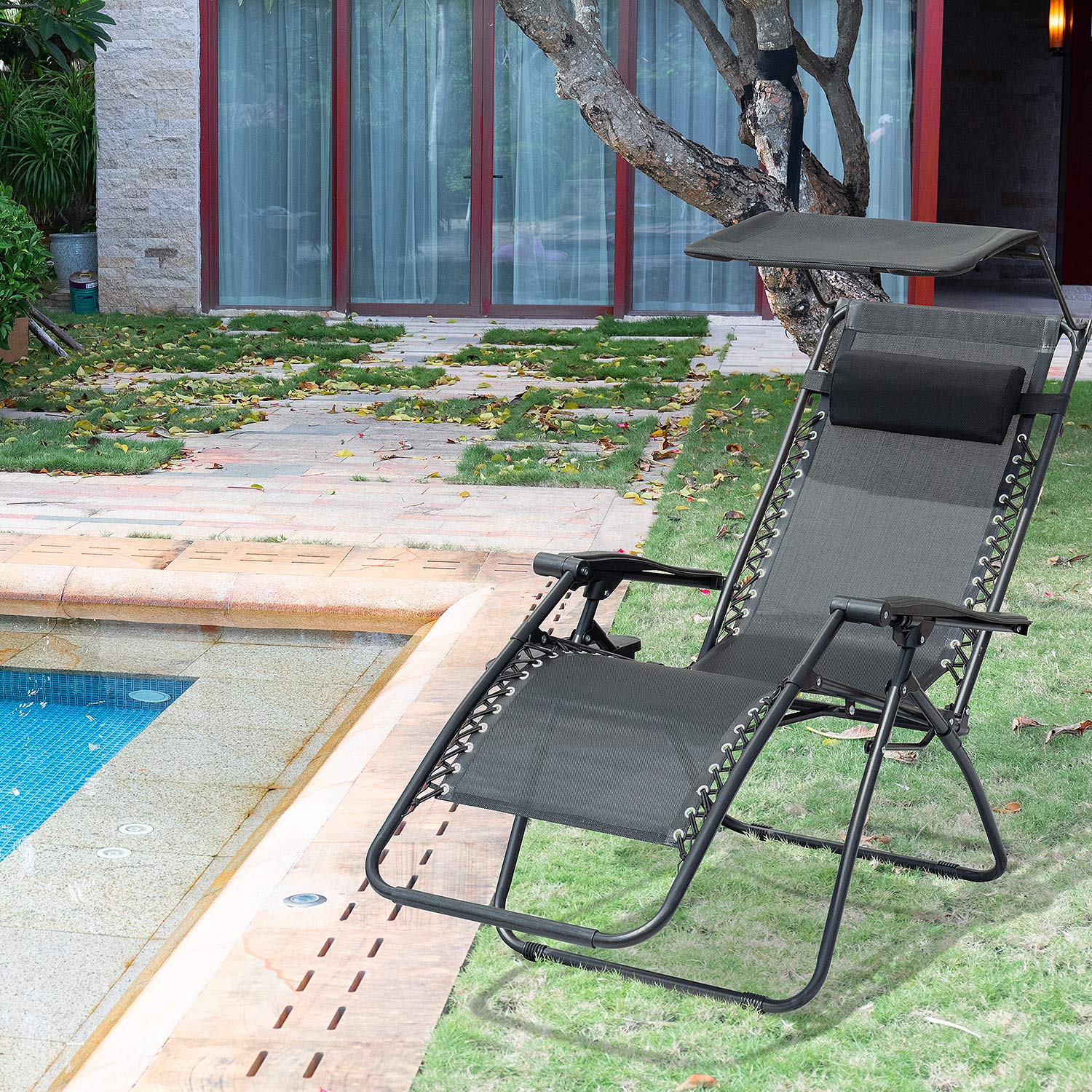 Devoko Patio Zero Gravity Chair Outdoor Recliner Lounge Chair with W/Folding Canopy Shade and Cup Holder (Black)