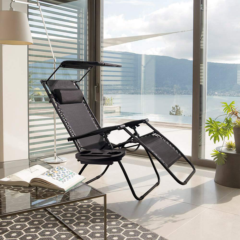 Devoko Patio Zero Gravity Chair Outdoor Recliner Lounge Chair with W/Folding Canopy Shade and Cup Holder (Black)