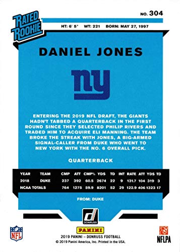 2019 Panini Donruss Football #304 Daniel Jones Rookie Card - Rated Rookie