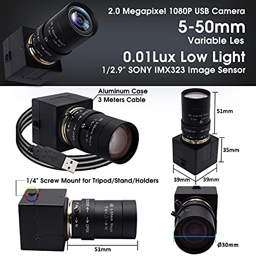 SVPRO 5-50mm Zoom Lens USB Camera 1080P with Sony IMX323 Sensor, H.264 HD Camera with 0.01lux Ultra Low Light USB Webcam for Weak Light Conditions,PC Cam for Windows Linux Mac Android