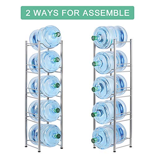 Water Cooler Jug Rack 5 Gallon Water Bottle Storage Shelve 5 Tier Detachable Water Bottle Holder Standing Buckets Dispenser Organizer Heavy Duty Cabby Rack with Anti-slip Rubber,Silver