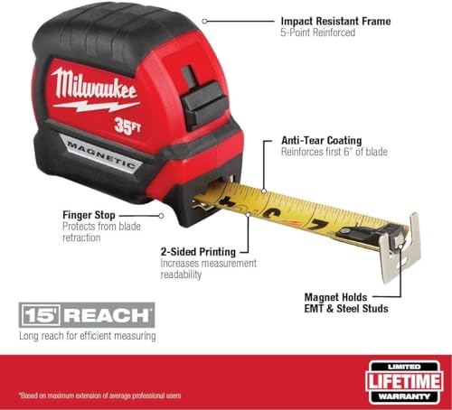 Milwaukee 35 Foot Compact Magnetic Tape Measure with 15 Feet of Reach