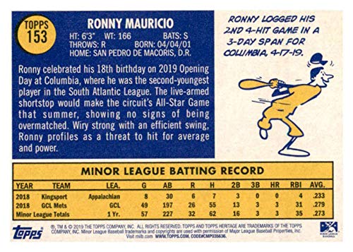 2019 Topps Heritage Minors #153 Ronny Mauricio RC Rookie Columbia Fireflies Baseball Trading Card