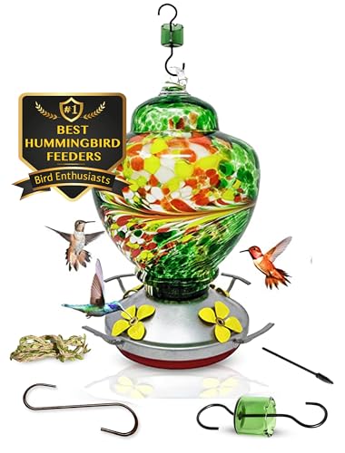 Hummingbird Feeder for Hanging Outside - Stunning Hand Paint Blown Glass - All Weather Guard and Ant and Bee Proof - New Modern Perky Sealer for No Leak Parts - Free Extra Accessories (Emerald Green)