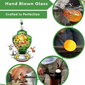 Hummingbird Feeder for Hanging Outside - Stunning Hand Paint Blown Glass - All Weather Guard and Ant and Bee Proof - New Modern Perky Sealer for No Leak Parts - Free Extra Accessories (Emerald Green)