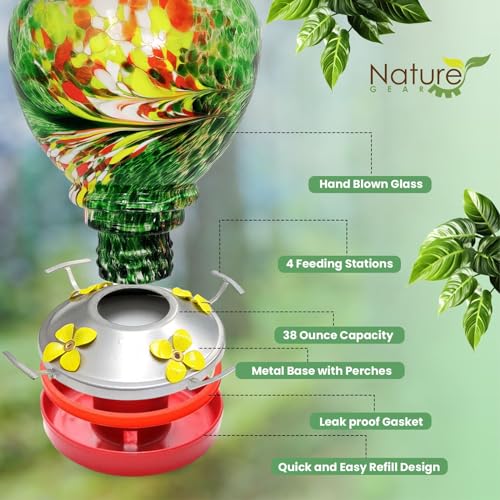 Hummingbird Feeder for Hanging Outside - Stunning Hand Paint Blown Glass - All Weather Guard and Ant and Bee Proof - New Modern Perky Sealer for No Leak Parts - Free Extra Accessories (Emerald Green)