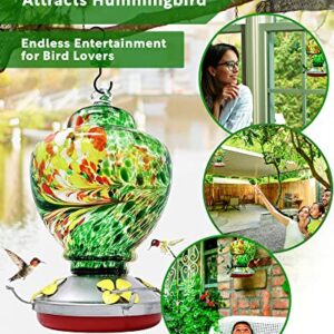 Hummingbird Feeder for Hanging Outside - Stunning Hand Paint Blown Glass - All Weather Guard and Ant and Bee Proof - New Modern Perky Sealer for No Leak Parts - Free Extra Accessories (Emerald Green)