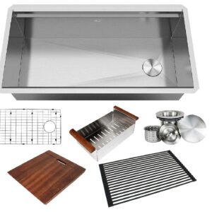 KINGSMAN ALL-IN-ONE Workstation 36 in. 16-Gauge Undermount Single Bowl Stainless Steel Kitchen Sink w/Build-in Ledge and Accessories (Brushed Stainless Steel)