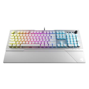 roccat vulcan 122 mechanical pc tactile gaming keyboard, titan switch, aimo rgb backlit lighting per key, detachable palm/wrist rest, anodized aluminum top plate, full size, white/silver