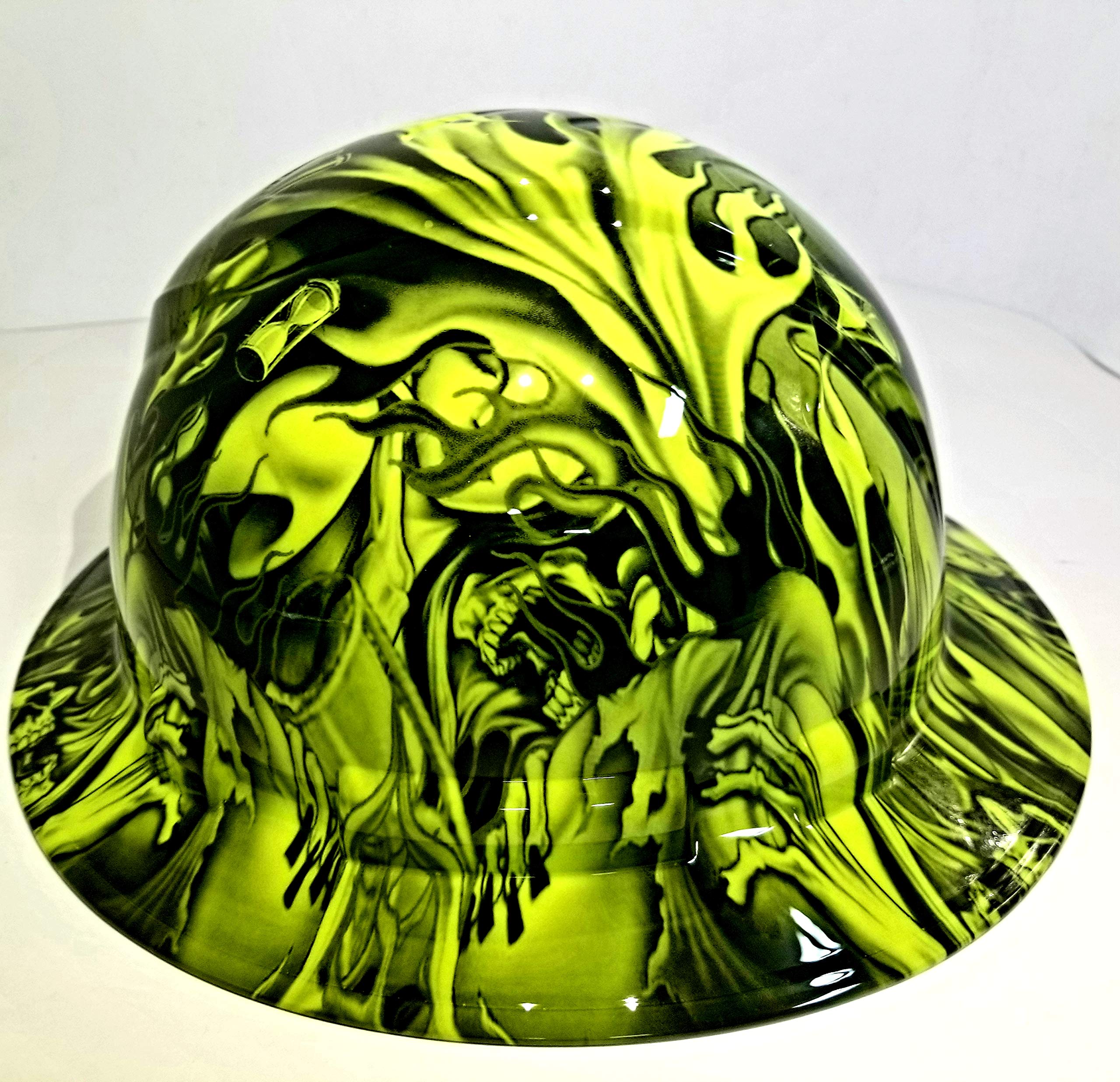 Wet Works Imaging Customized Pyramex Full Brim Hydro Dipped in Green ACE of Skulls Hard HAT with Ratcheting Suspension Custom LIDS Crazy Sick Construction PPE