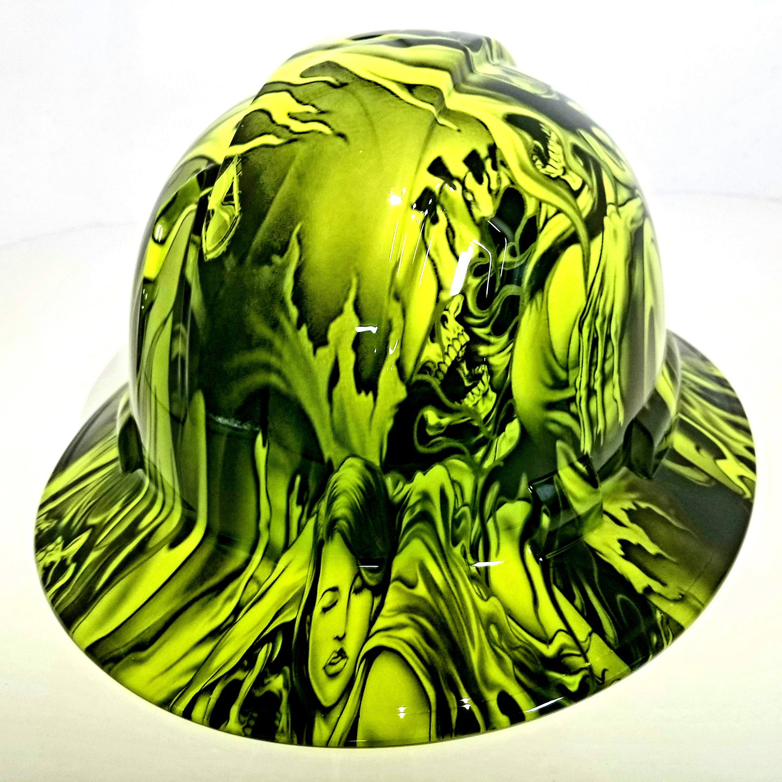 Wet Works Imaging Customized Pyramex Full Brim Hydro Dipped in Green ACE of Skulls Hard HAT with Ratcheting Suspension Custom LIDS Crazy Sick Construction PPE