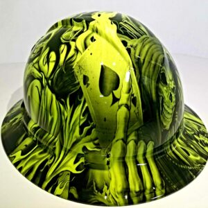 Wet Works Imaging Customized Pyramex Full Brim Hydro Dipped in Green ACE of Skulls Hard HAT with Ratcheting Suspension Custom LIDS Crazy Sick Construction PPE