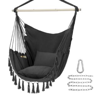 y- stop hammock chair hanging rope swing, max 500 lbs, 2 cushions included, large macrame hanging chair with pocket, cotton weave for superior comfort, durability (dark grey)