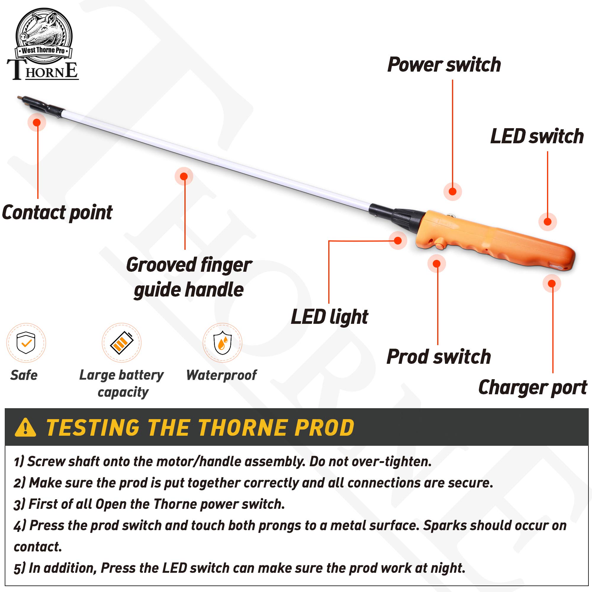 West Thorne Pro Livestock Prod, Newest Waterproof Cattle Prod Stick with LED Light,Rechargeable Electric Livestock Prod for Cow Pig Goats and More (33.8in)