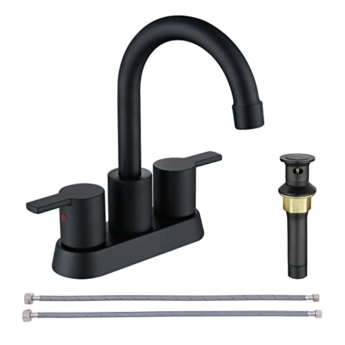 RKF 4 inch Matte Black Bathroom Sink Faucet 2-Handle Centerset Bathroom Faucet with Drain 360 Swivel Spout 2-3 Hole Bathroom Vanity Sink Faucet Bathroom Basin Lavatory Mixer Tap BF015-9-MB