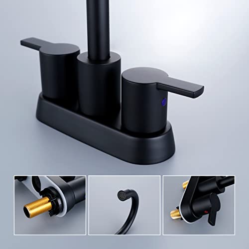 RKF 4 inch Matte Black Bathroom Sink Faucet 2-Handle Centerset Bathroom Faucet with Drain 360 Swivel Spout 2-3 Hole Bathroom Vanity Sink Faucet Bathroom Basin Lavatory Mixer Tap BF015-9-MB