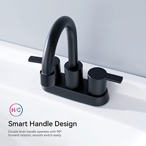 RKF 4 inch Matte Black Bathroom Sink Faucet 2-Handle Centerset Bathroom Faucet with Drain 360 Swivel Spout 2-3 Hole Bathroom Vanity Sink Faucet Bathroom Basin Lavatory Mixer Tap BF015-9-MB