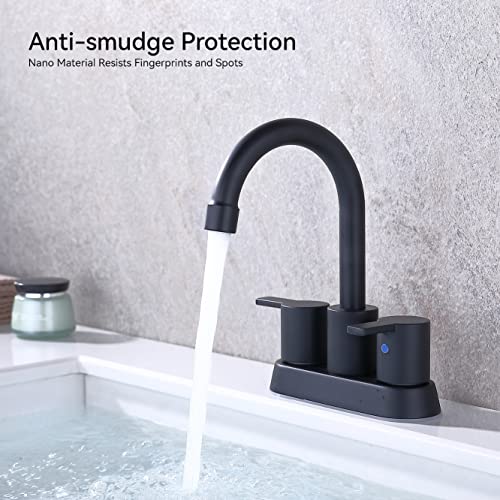 RKF 4 inch Matte Black Bathroom Sink Faucet 2-Handle Centerset Bathroom Faucet with Drain 360 Swivel Spout 2-3 Hole Bathroom Vanity Sink Faucet Bathroom Basin Lavatory Mixer Tap BF015-9-MB