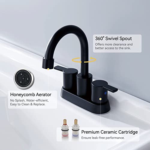 RKF 4 inch Matte Black Bathroom Sink Faucet 2-Handle Centerset Bathroom Faucet with Drain 360 Swivel Spout 2-3 Hole Bathroom Vanity Sink Faucet Bathroom Basin Lavatory Mixer Tap BF015-9-MB