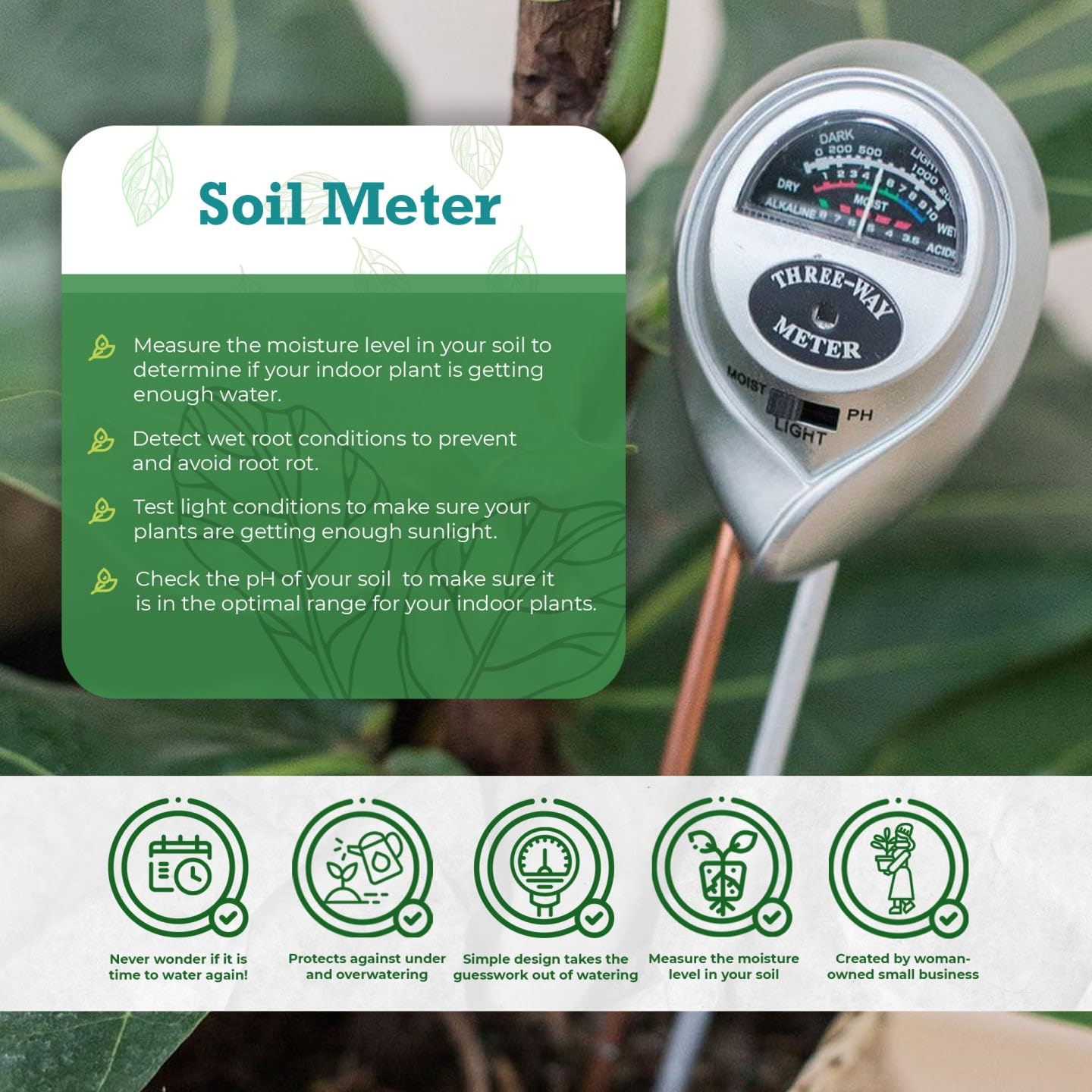 HOUSEPLANT RESOURCE CENTER Soil Meter - 3 in 1 pH, Moisture, Light Tester for House Plants, Pothos, Monstera - Indoor and Outdoor Plant Hydrometer, Compact, Easy to Use, No Batteries