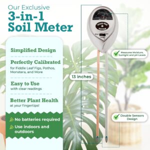 HOUSEPLANT RESOURCE CENTER Soil Meter - 3 in 1 pH, Moisture, Light Tester for House Plants, Pothos, Monstera - Indoor and Outdoor Plant Hydrometer, Compact, Easy to Use, No Batteries