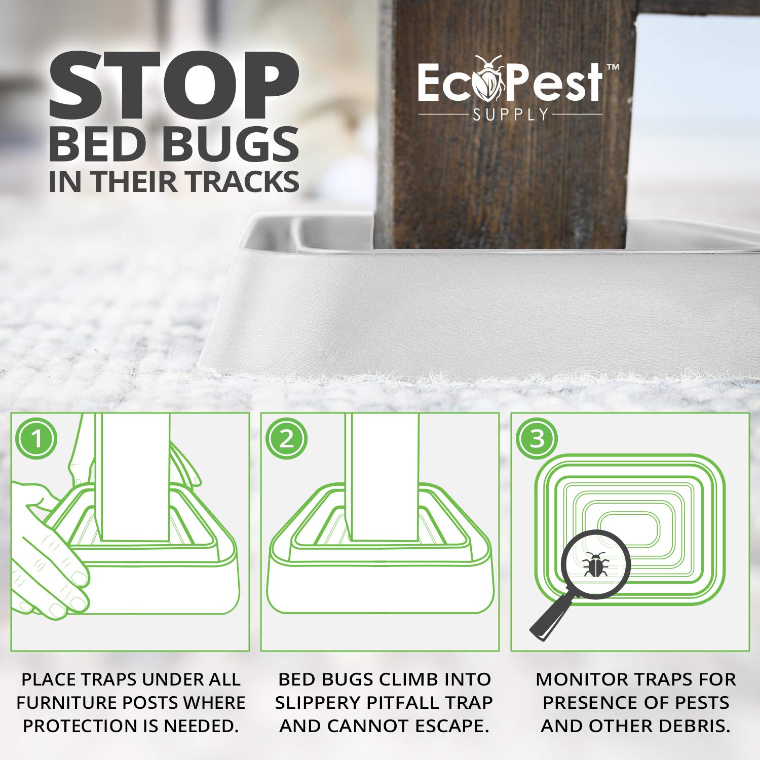 Bed Bug Interceptors – 8 Pack | Bed Bug Blocker (XL) Interceptor Traps | Extra Large Insect Trap, Monitor, and Detector for Bed Legs (White)