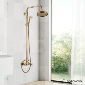 gotonovo Antique Brass Exposed Shower Fixture Set 8 Rain Shower Head 2 Double Knobs Cross Handle Shower Faucet Combo System Unit Set Dual Function