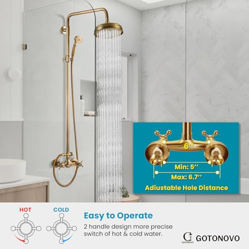 gotonovo Antique Brass Exposed Shower Fixture Set 8 Rain Shower Head 2 Double Knobs Cross Handle Shower Faucet Combo System Unit Set Dual Function