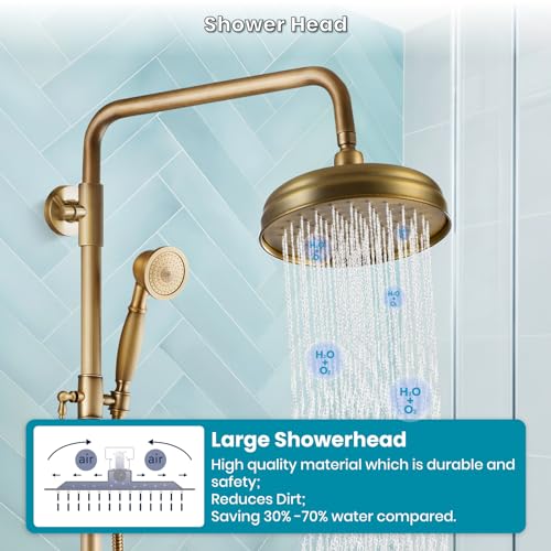 gotonovo Antique Brass Exposed Shower Fixture Set 8 Rain Shower Head 2 Double Knobs Cross Handle Shower Faucet Combo System Unit Set Dual Function