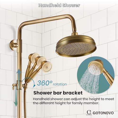 gotonovo Antique Brass Exposed Shower Fixture Set 8 Rain Shower Head 2 Double Knobs Cross Handle Shower Faucet Combo System Unit Set Dual Function