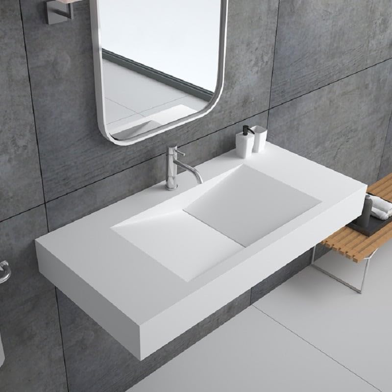 Weibath 35 Inch Wall-Mount Rectangular Floating Sink 35" Solid Surface Stone Resin Bathroom V-Shaped Sink (Glossy White)