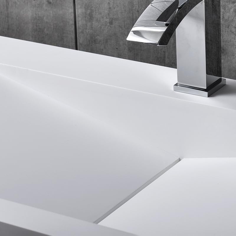 Weibath 35 Inch Wall-Mount Rectangular Floating Sink 35" Solid Surface Stone Resin Bathroom V-Shaped Sink (Glossy White)