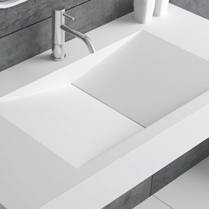 Weibath 35 Inch Wall-Mount Rectangular Floating Sink 35" Solid Surface Stone Resin Bathroom V-Shaped Sink (Glossy White)