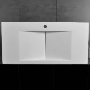 Weibath 35 Inch Wall-Mount Rectangular Floating Sink 35" Solid Surface Stone Resin Bathroom V-Shaped Sink (Glossy White)