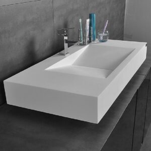 Weibath 35 Inch Wall-Mount Rectangular Floating Sink 35" Solid Surface Stone Resin Bathroom V-Shaped Sink (Glossy White)