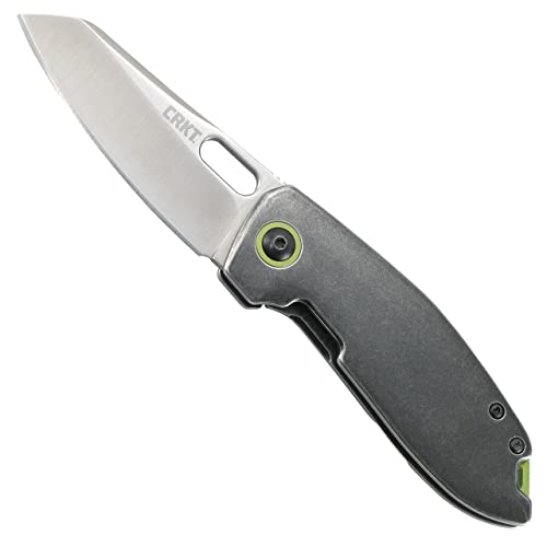 CRKT Sketch EDC Folding Pocket Knife: Urban Everyday Carry Utility Knife, Satin Sheepsfoot Blade, Thumb Slot Open, Stainless Steel Handle, Green Backspacer and Pivot Collar, Pocket Clip 2550