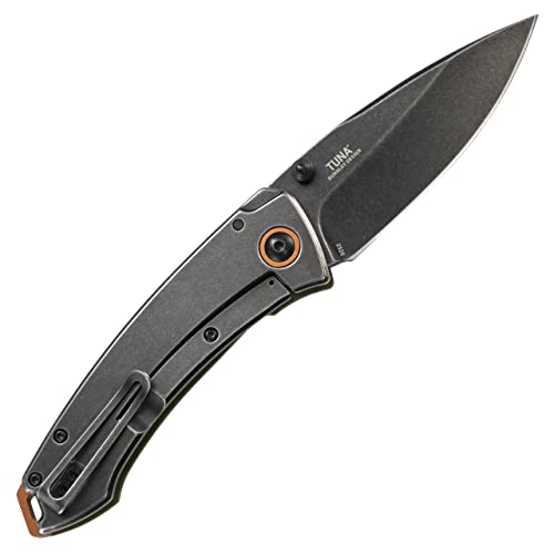 COLUMBIA RIVER KNIFE & TOOL Tuna EDC Pocket Knife: Everyday Carry Utility Folder, Plain Edge Drop Point Blade with Frame Lock, Thumbstud Open, Black Stonewash Finish, Olive Green Handle 2520