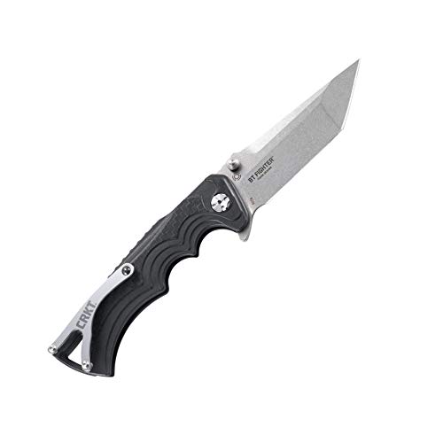 Columbia River Knife & Tool BT Fighter EDC Folding Pocket Knife: Everyday Carry, Tanto Blade with Stonewash Finish, Button Lock, Glass Reinforced Fiber Handle, Deep Carry Pocket Clip 5225