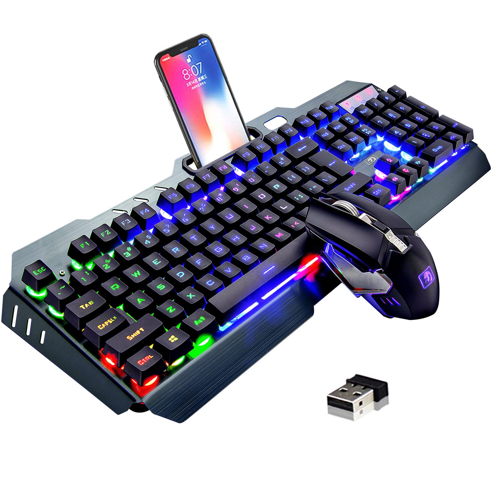 Wireless Gaming Keyboard and Mouse, Rechargeable, Rainbow Backlit with 3800mAh Battery Metal Panel,Mechanical Feel Keyboard and 7 Color Mute Mouse for Windows Computer Gamers