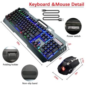 Wireless Gaming Keyboard and Mouse, Rechargeable, Rainbow Backlit with 3800mAh Battery Metal Panel,Mechanical Feel Keyboard and 7 Color Mute Mouse for Windows Computer Gamers