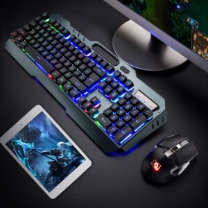 Wireless Gaming Keyboard and Mouse, Rechargeable, Rainbow Backlit with 3800mAh Battery Metal Panel,Mechanical Feel Keyboard and 7 Color Mute Mouse for Windows Computer Gamers